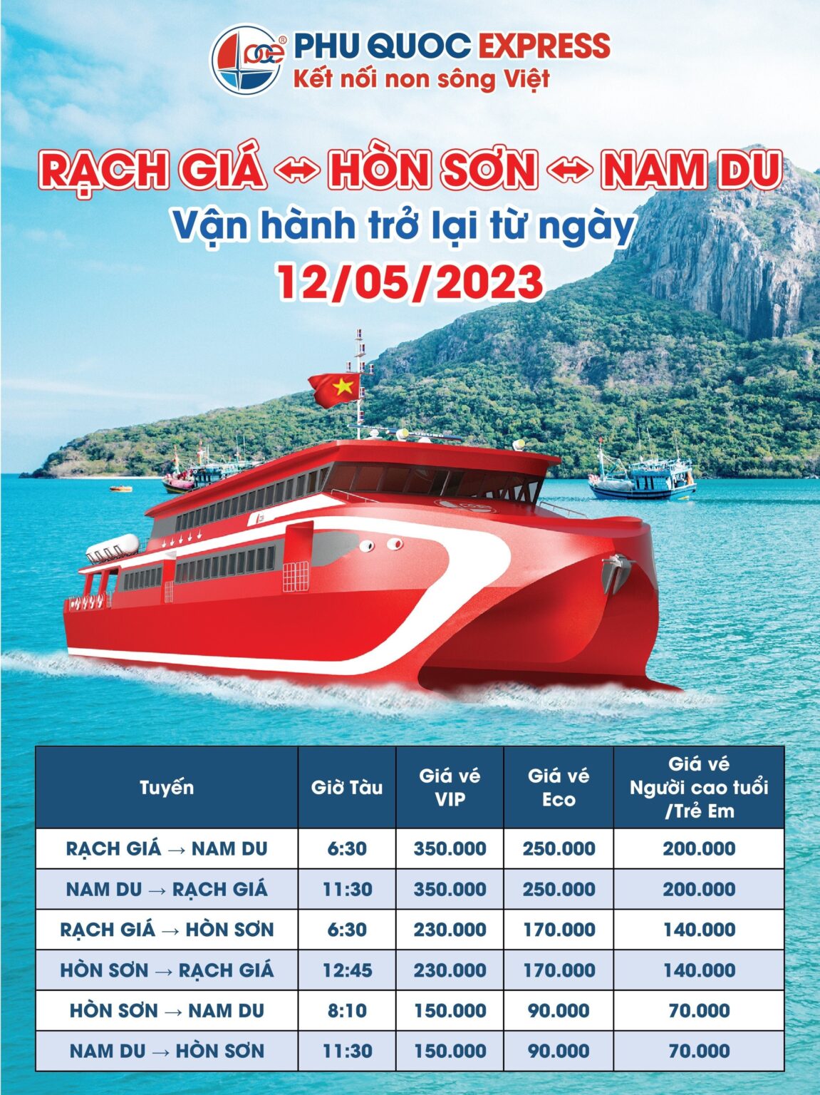 Lịch chạy tàu cao tốc Rạch Giá - Hòn Sơn - Nam Du kể từ ngày 12/5/2023